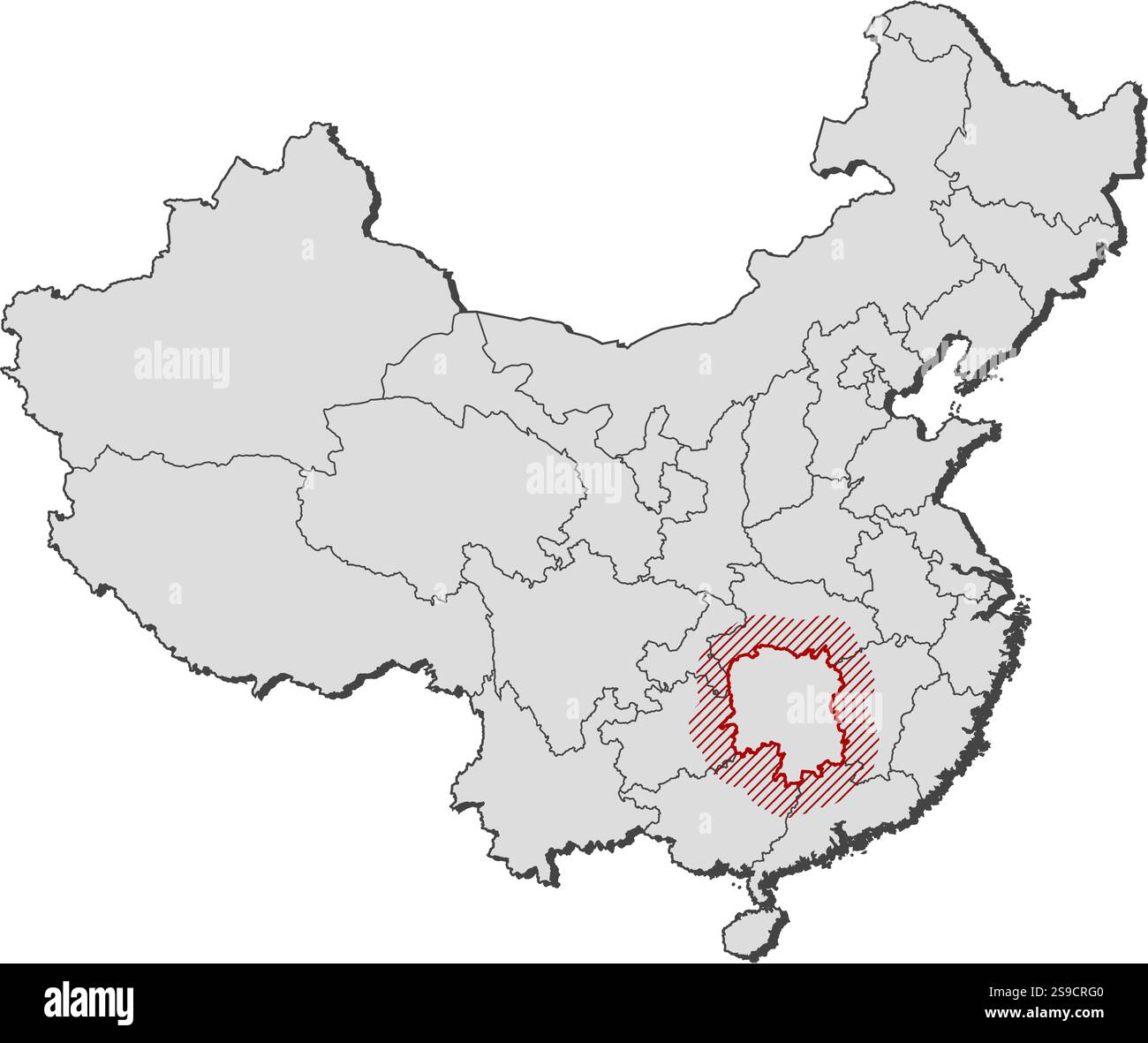 Map of China with the provinces, Hunan is highlighted by a hatching ...