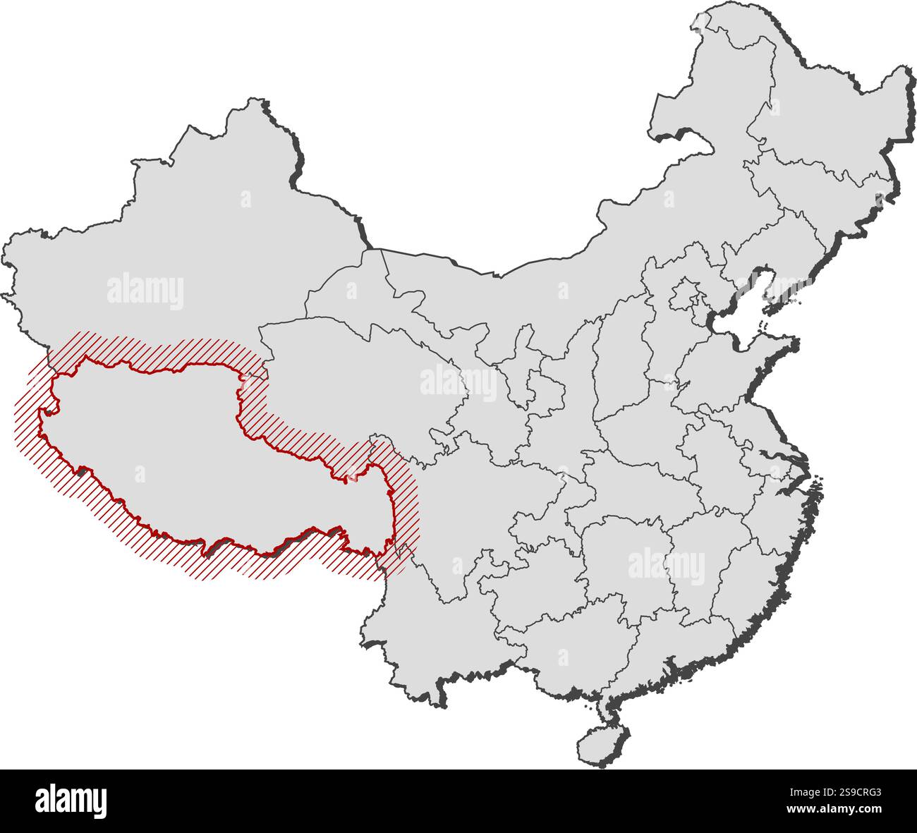 Map of China with the provinces, Tibet is highlighted by a hatching ...