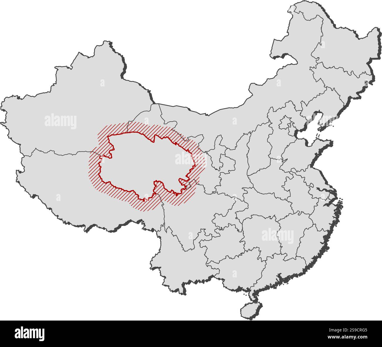 Map of China with the provinces, Qinghai is highlighted by a hatching ...