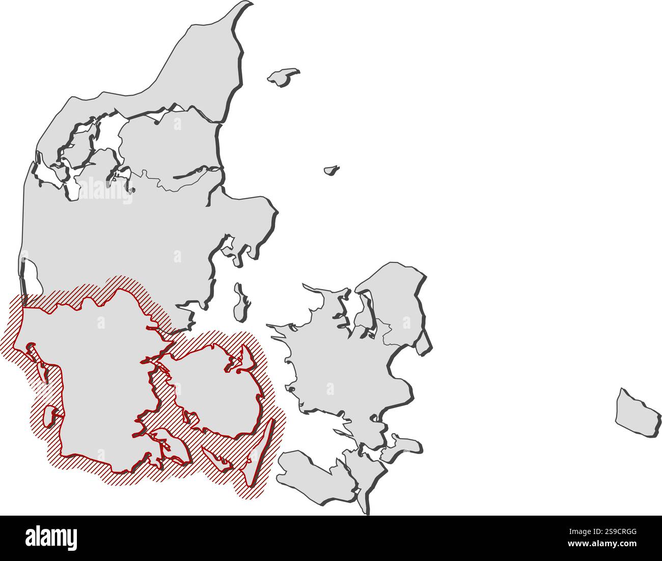 Map of Danmark with the provinces, South Denmark is highlighted by a ...