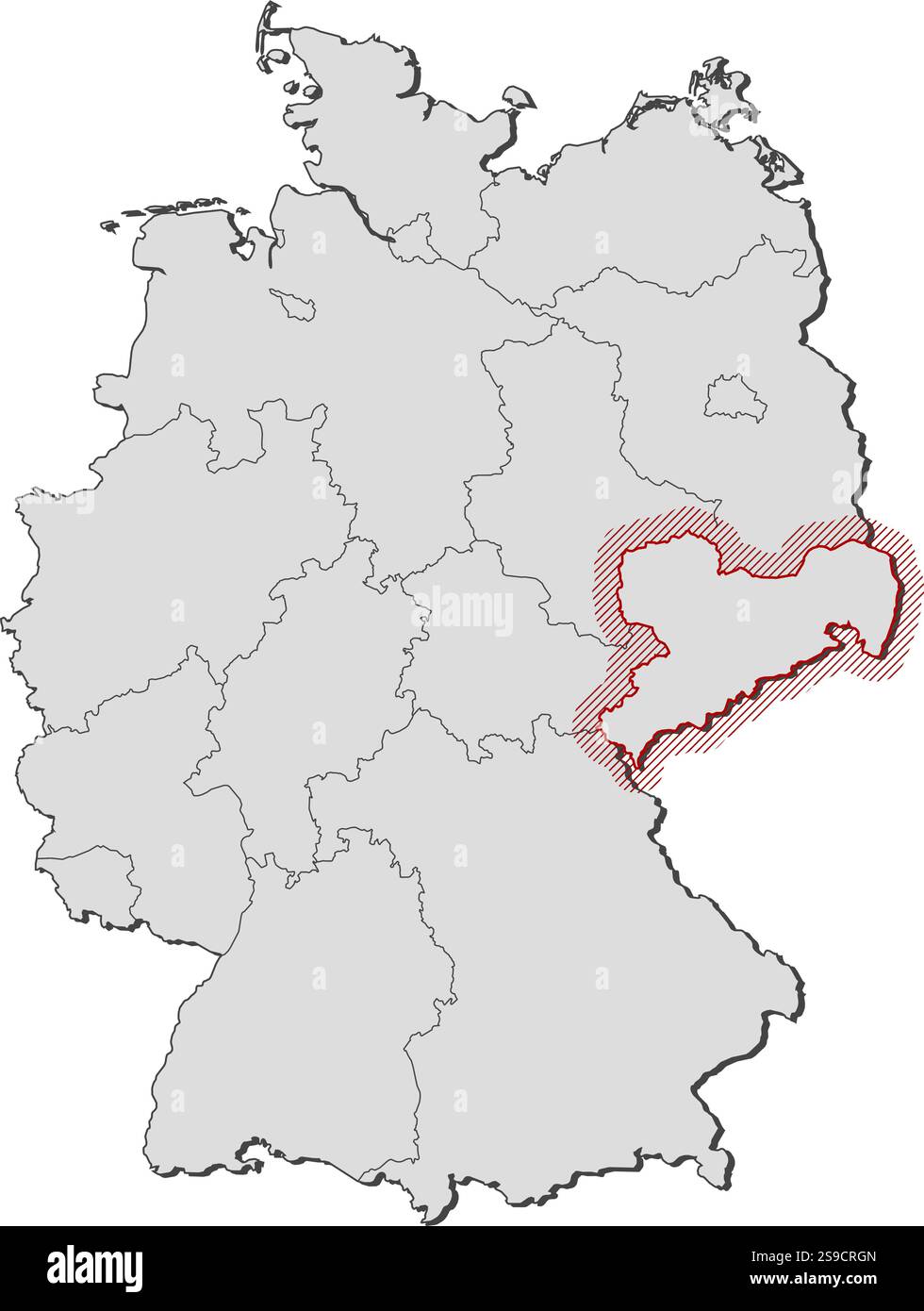 Map of Germany with the provinces, Saxony is highlighted by a hatching ...