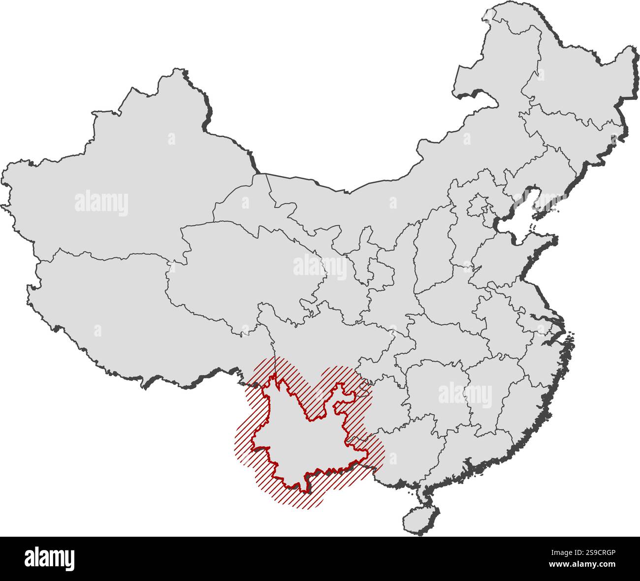 Map of China with the provinces, Yunnan is highlighted by a hatching ...