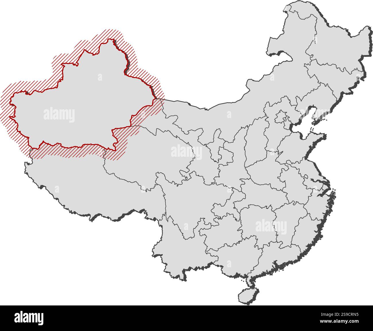 Map of China with the provinces, Xinjiang is highlighted by a hatching ...