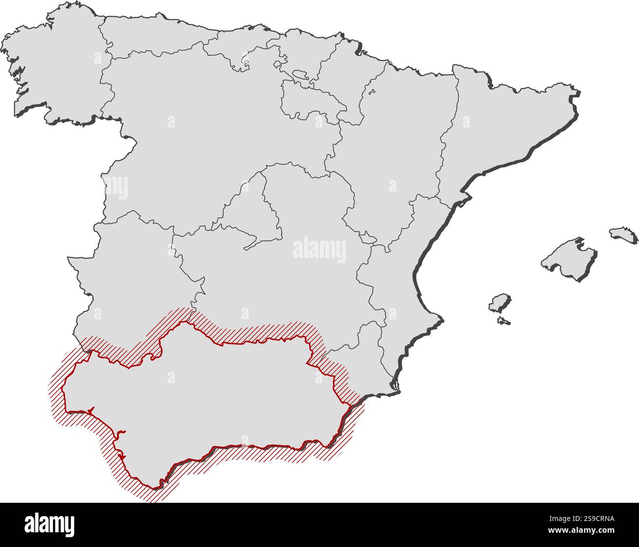 Map of Spain with the provinces, Andalusia is highlighted by a hatching ...