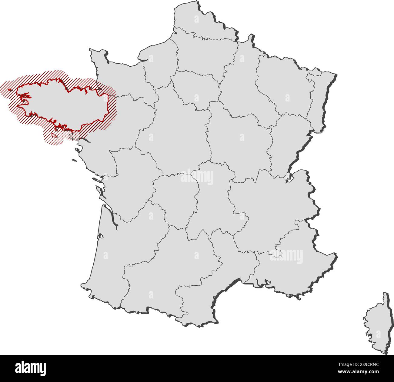 Map of France with the provinces, Brittany is highlighted by a hatching ...