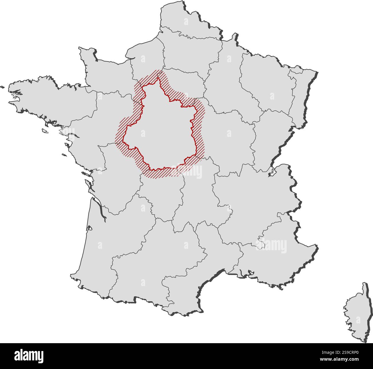 Map of France with the provinces, Centre is highlighted by a hatching ...