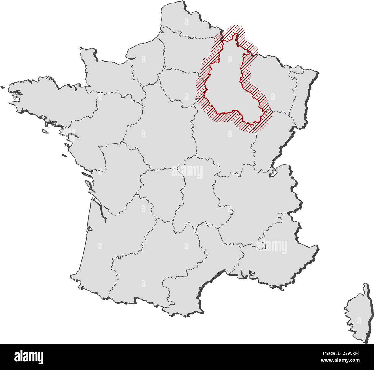Map of France with the provinces, Champagne-Ardenne is highlighted by a ...
