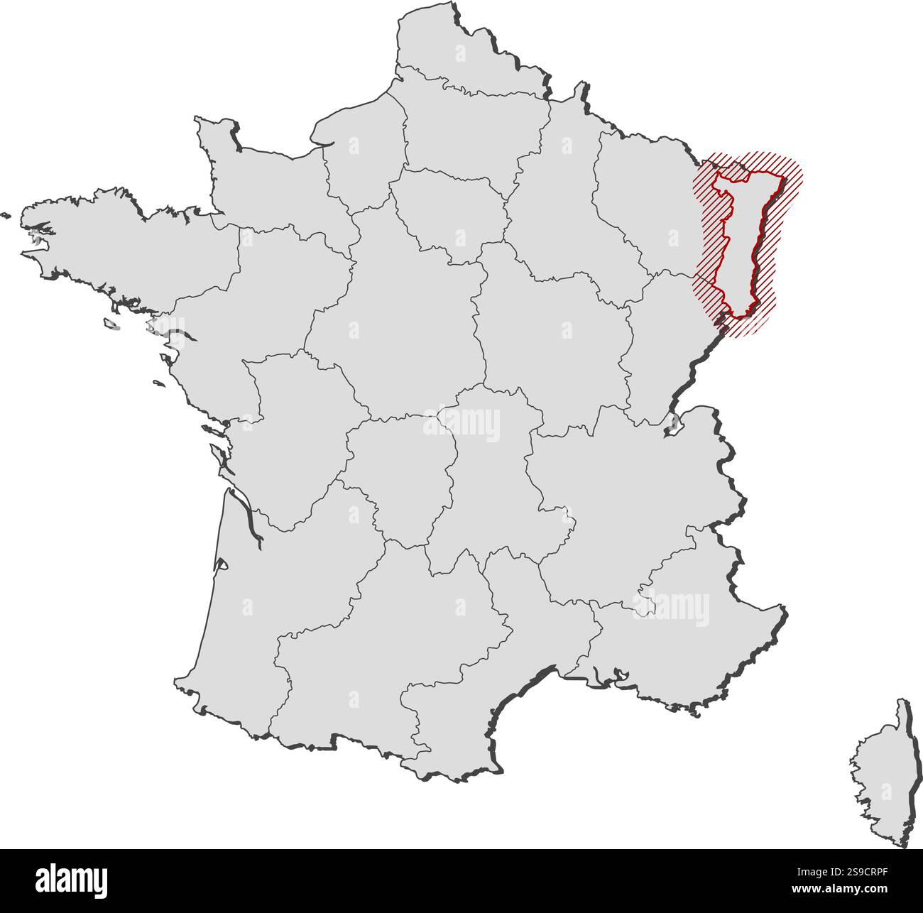 Map of France with the provinces, Alsace is highlighted by a hatching ...