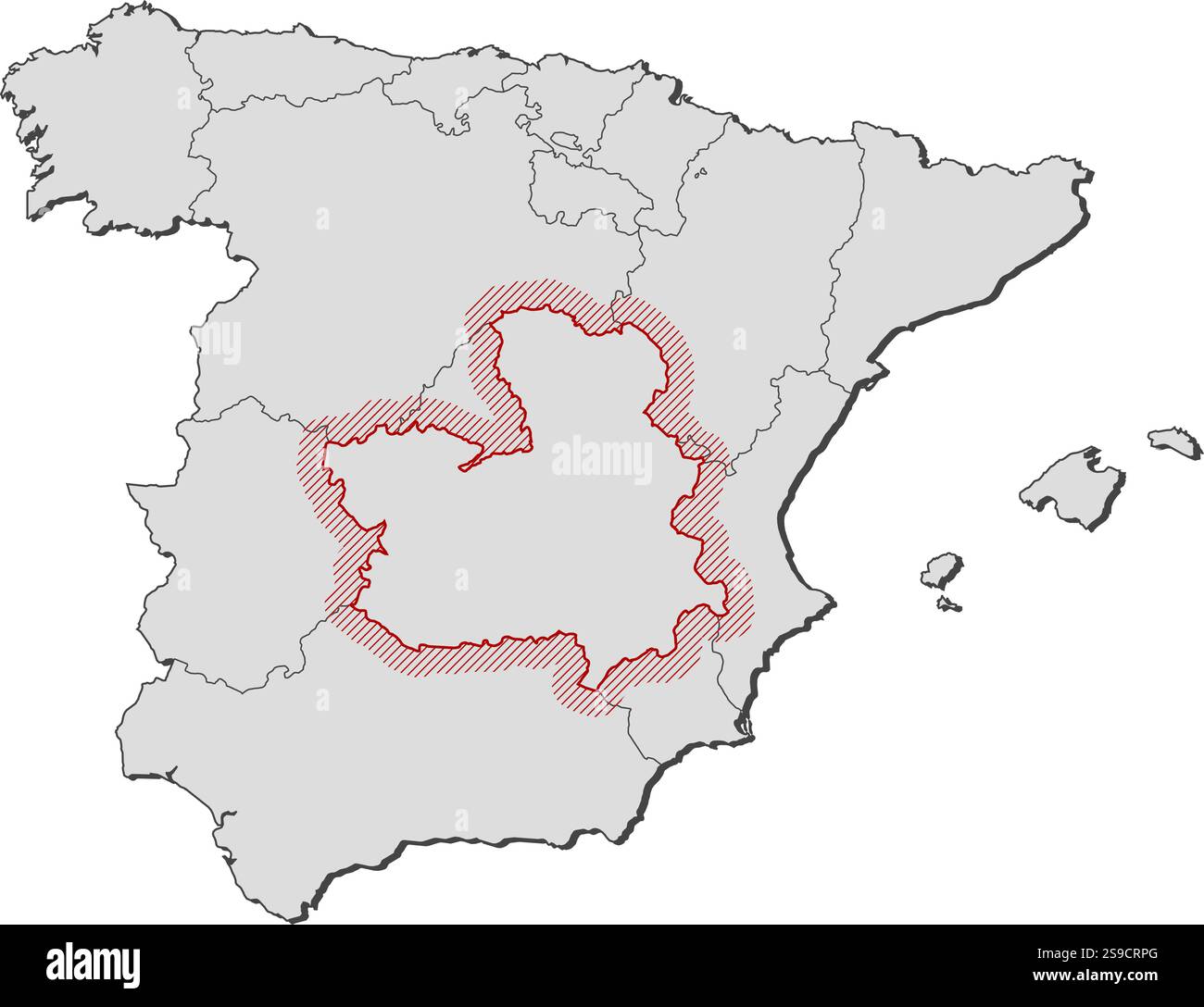 Map of Spain with the provinces, Castile-La Mancha is highlighted by a ...