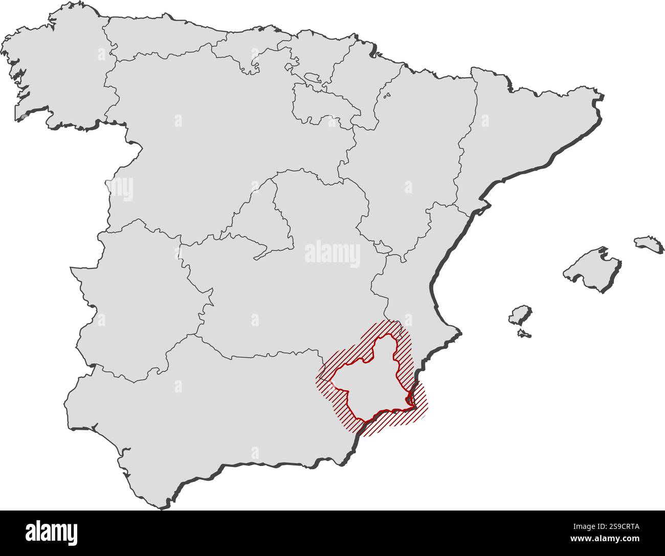 Map of Spain with the provinces, Murcia is highlighted by a hatching ...