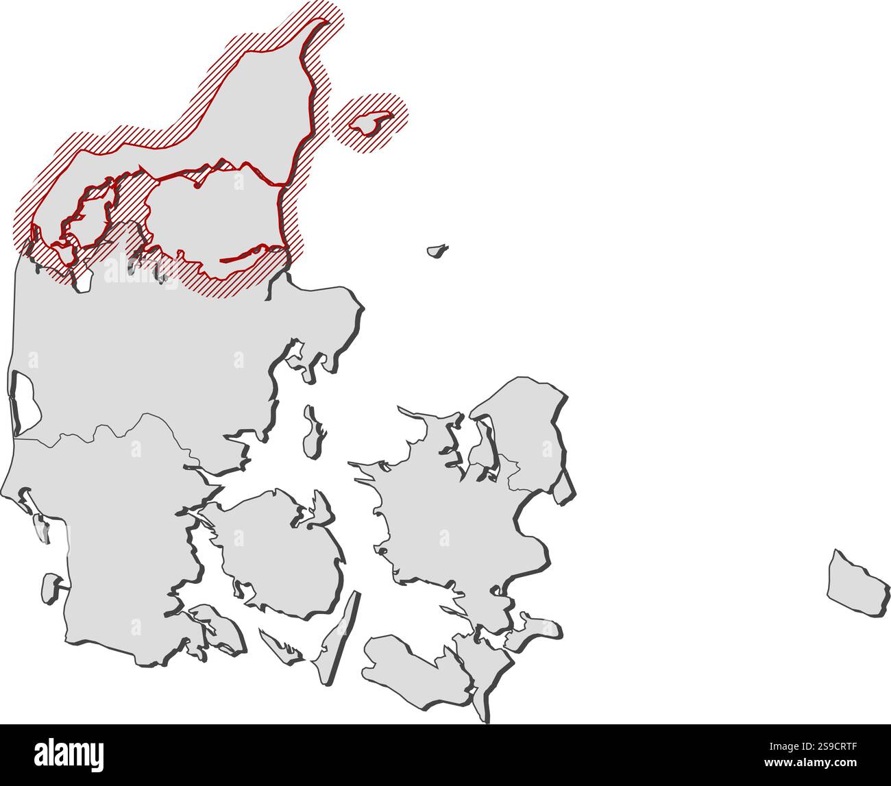 Map of Danmark with the provinces, North Denmark is highlighted by a ...