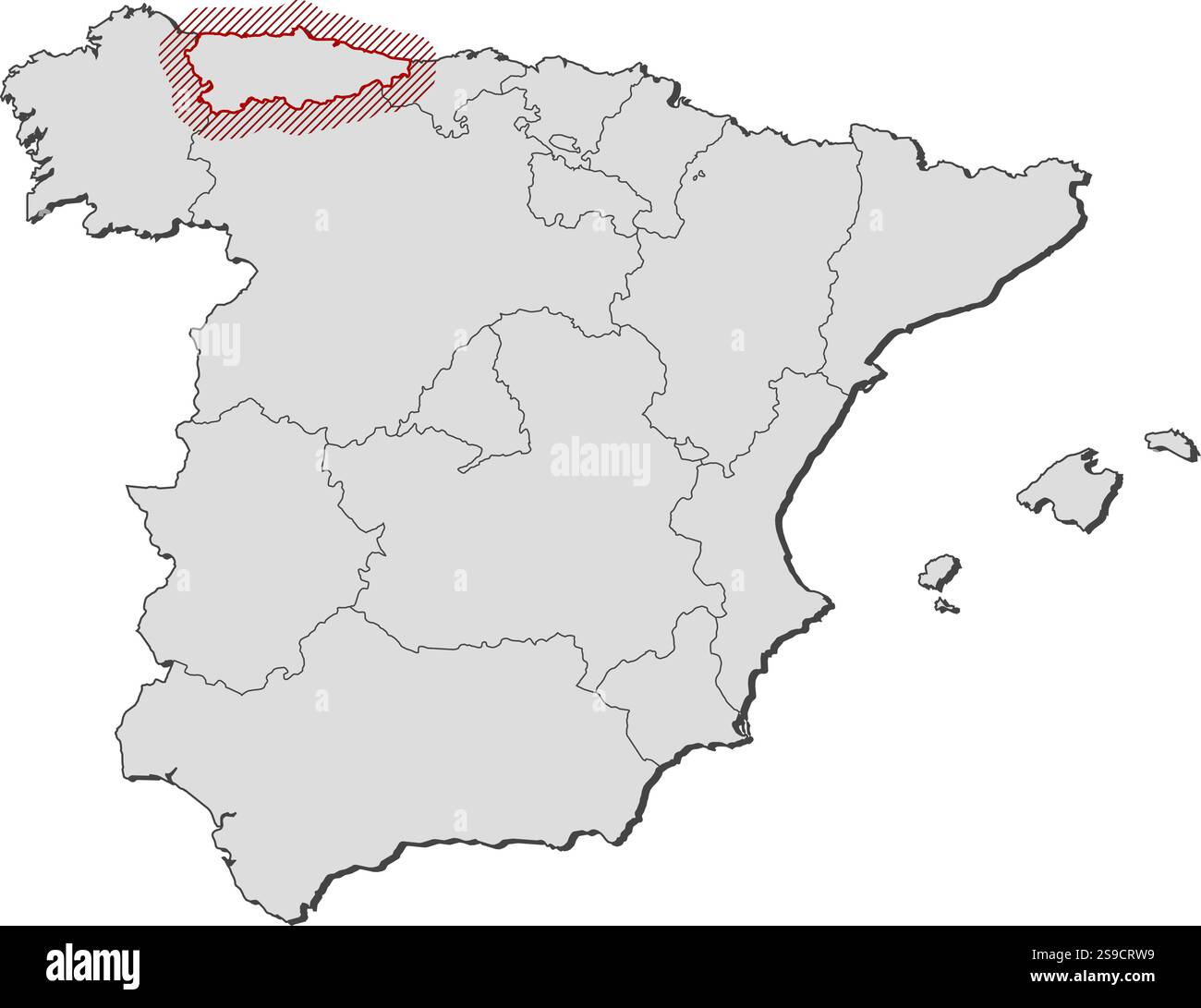 Map of Spain with the provinces, Asturias is highlighted by a hatching ...