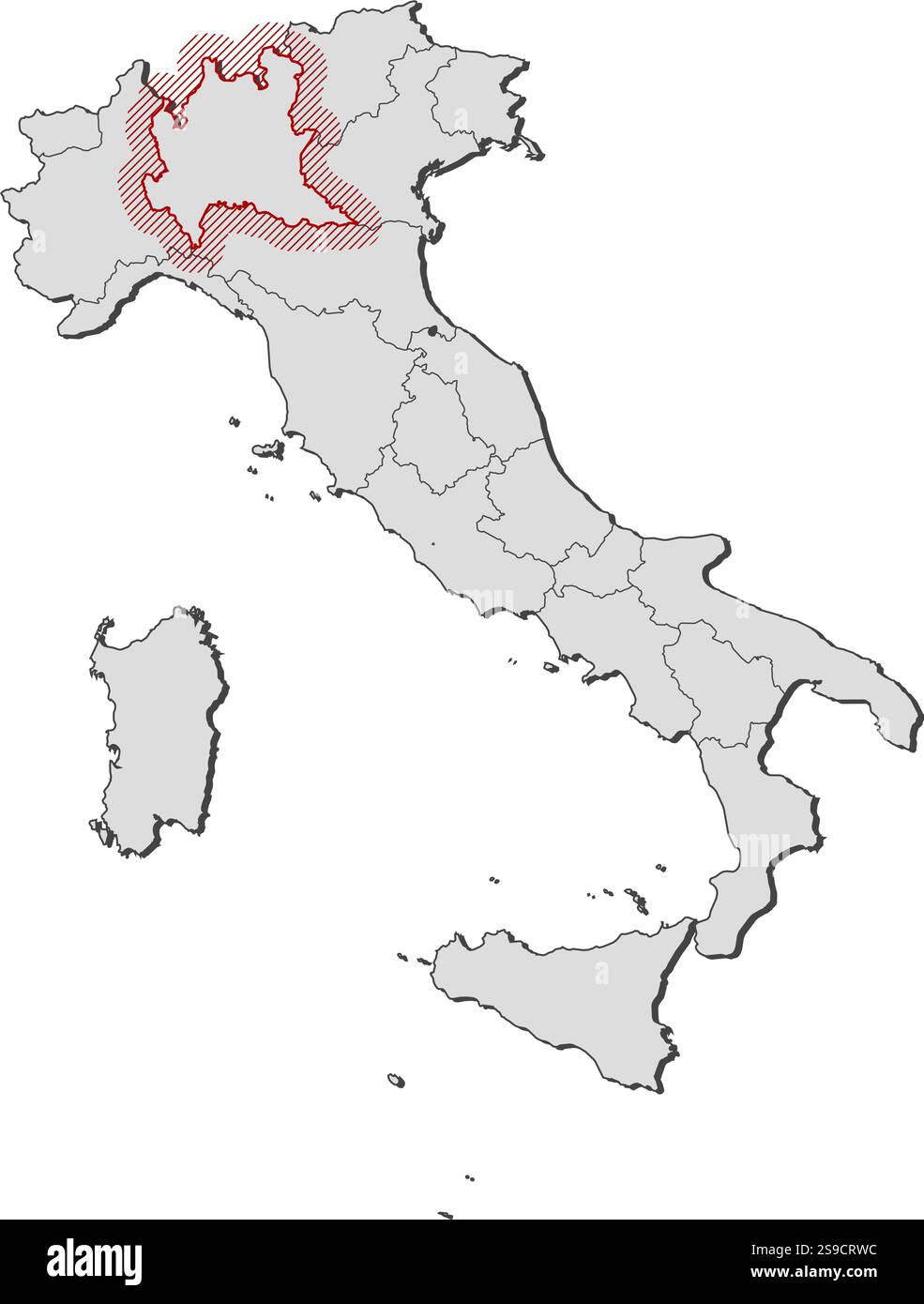 Map of Italy with the provinces, Lombardy is highlighted by a hatching ...