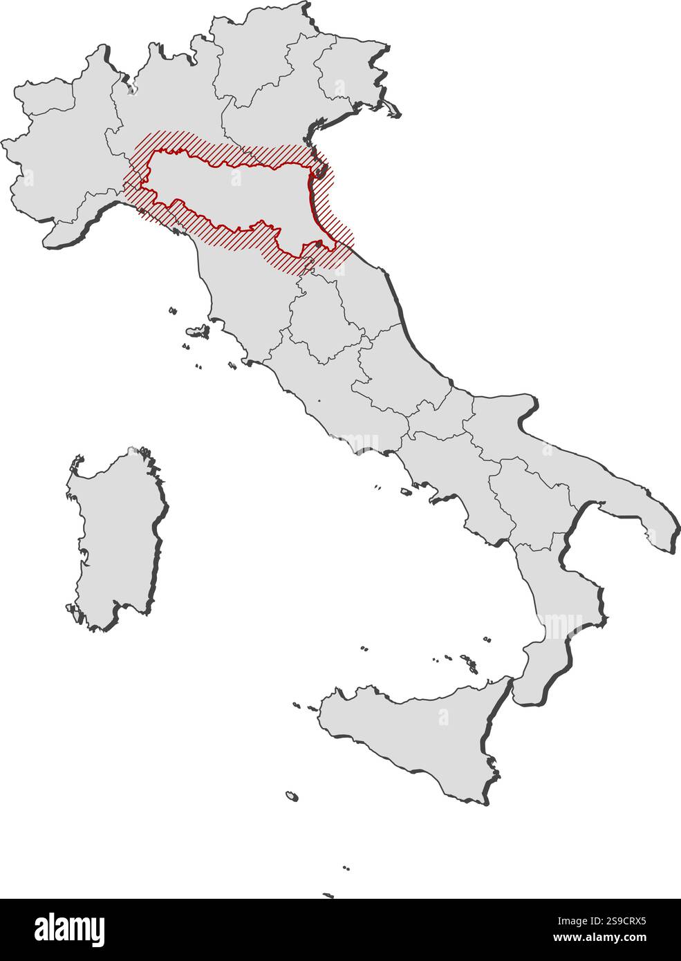 Map of Italy with the provinces, Emilia-Romagna is highlighted by a ...
