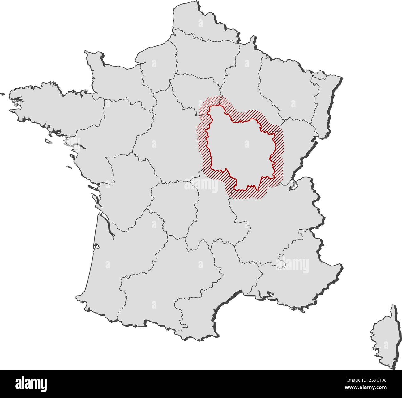 Map of France with the provinces, Burgundy is highlighted by a hatching ...