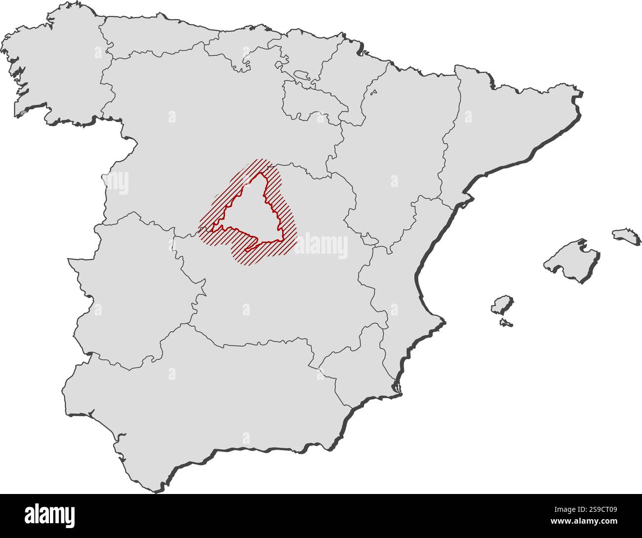 Map of Spain with the provinces, Madrid is highlighted by a hatching ...