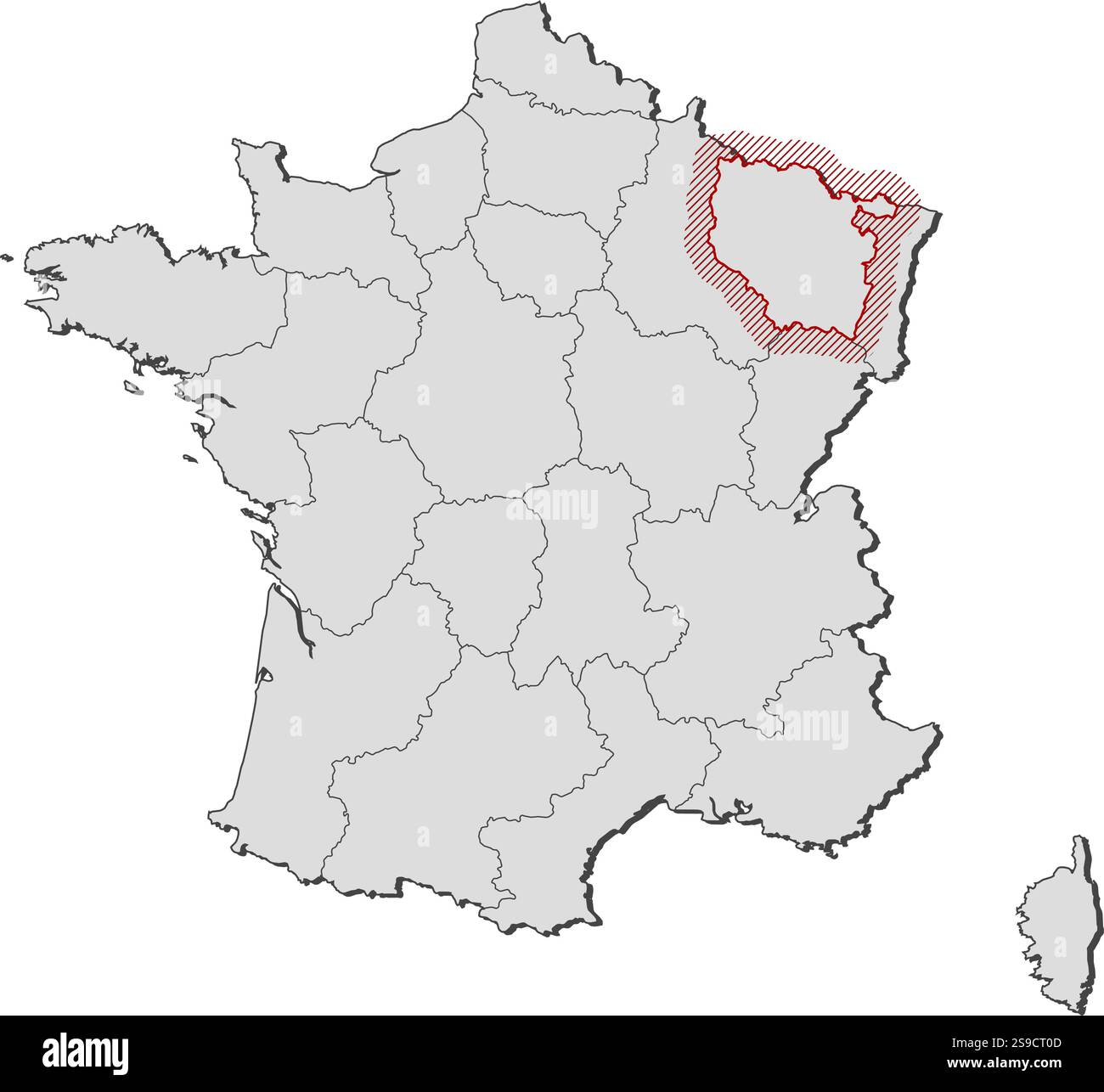 Map of France with the provinces, Lorraine is highlighted by a hatching ...