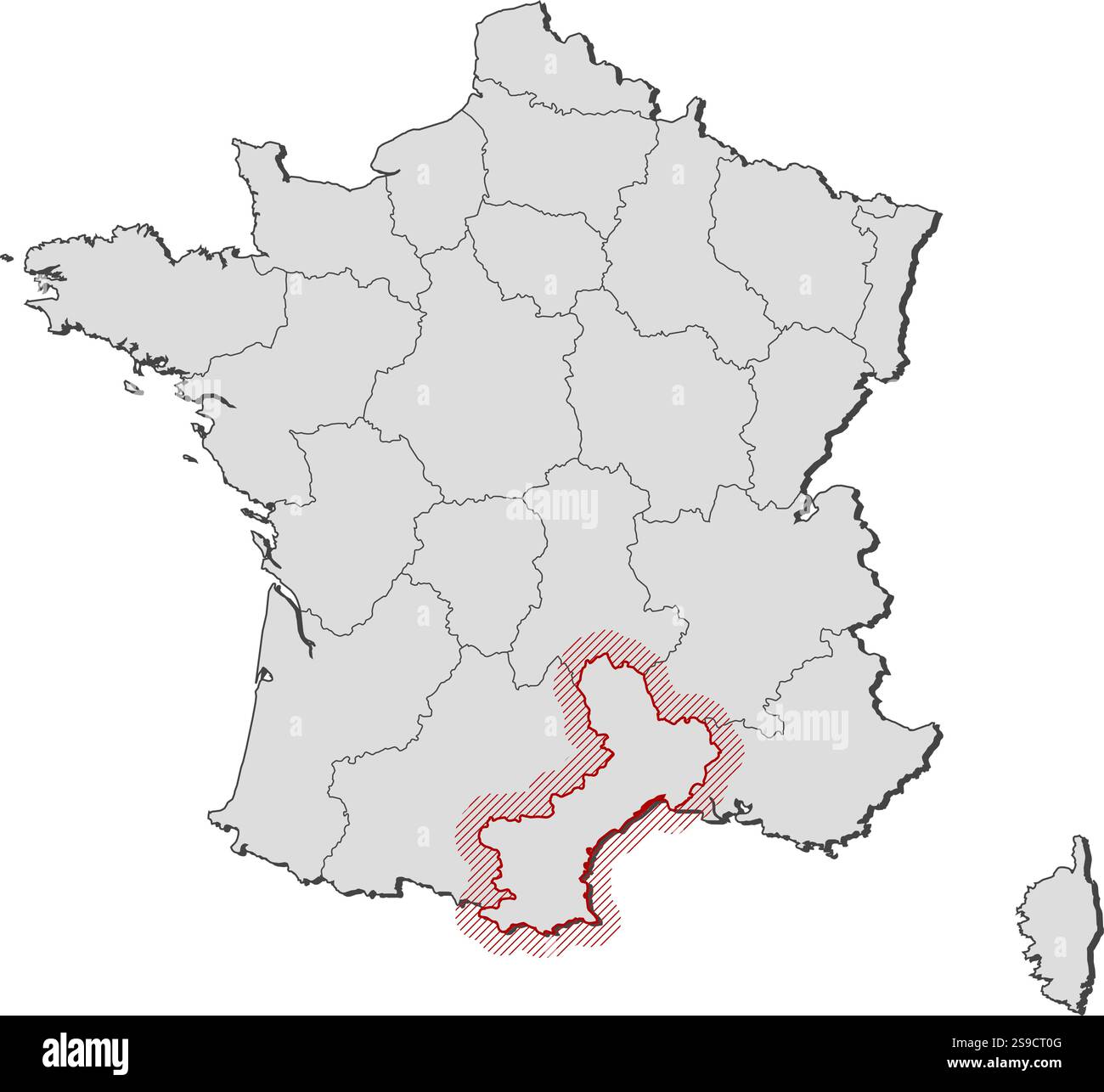 Map of France with the provinces, Languedoc-Roussillon is highlighted ...