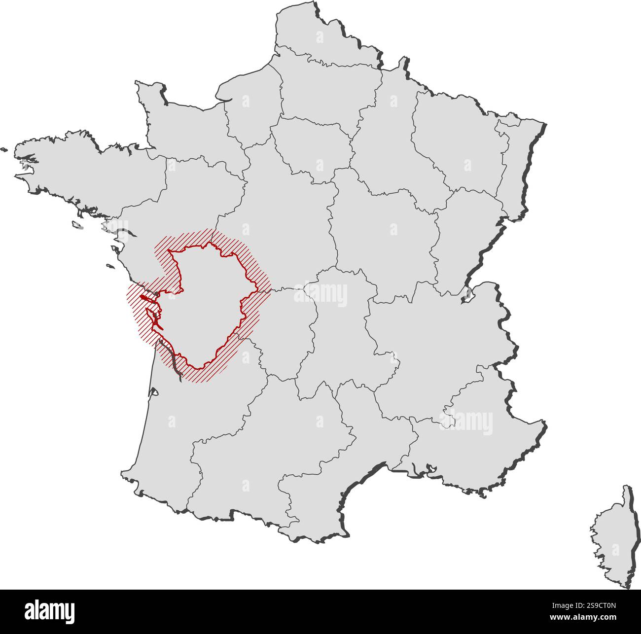 Map of France with the provinces, Poitou-Charentes is highlighted by a ...