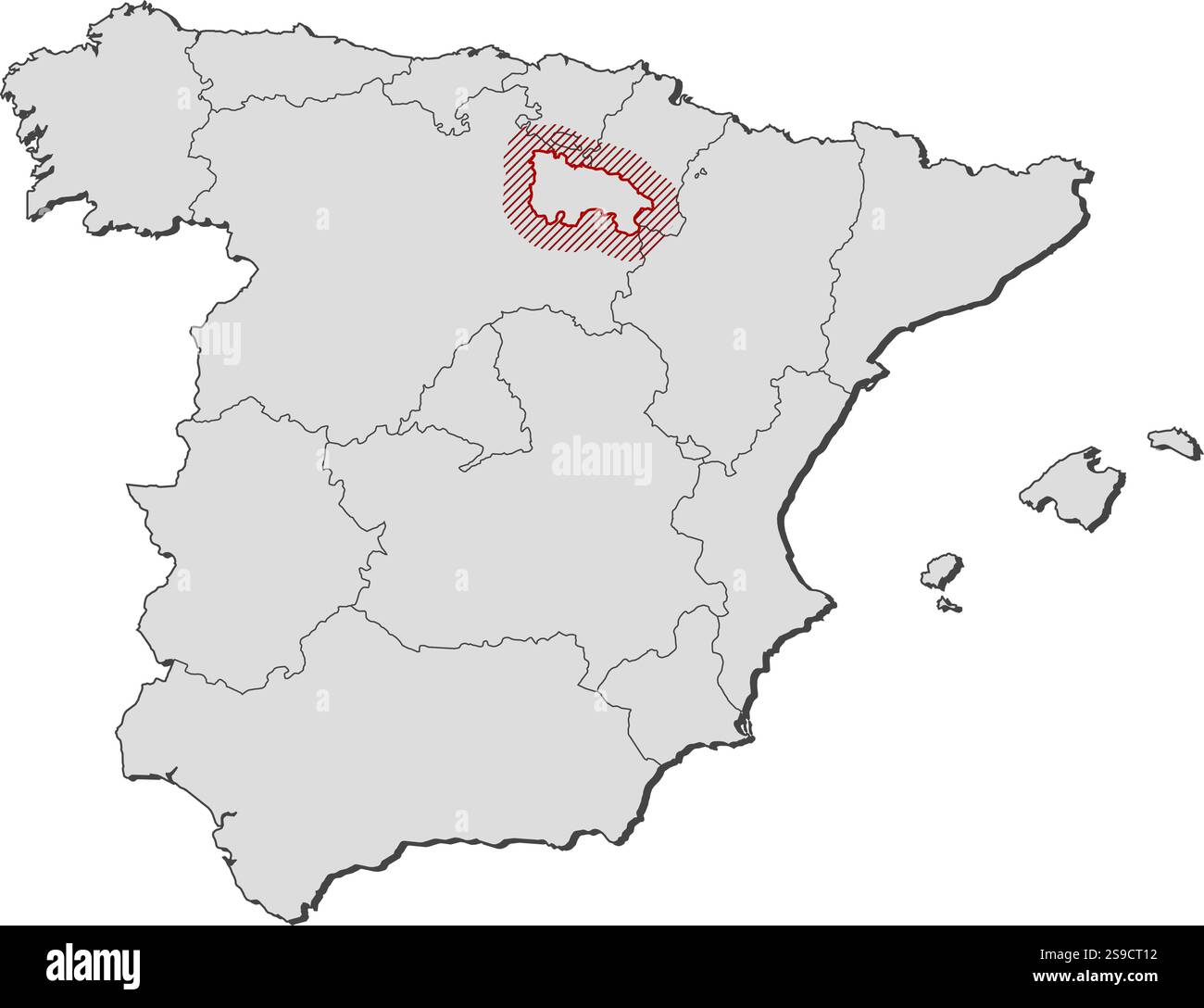 Map of Spain with the provinces, La Rioja is highlighted by a hatching ...