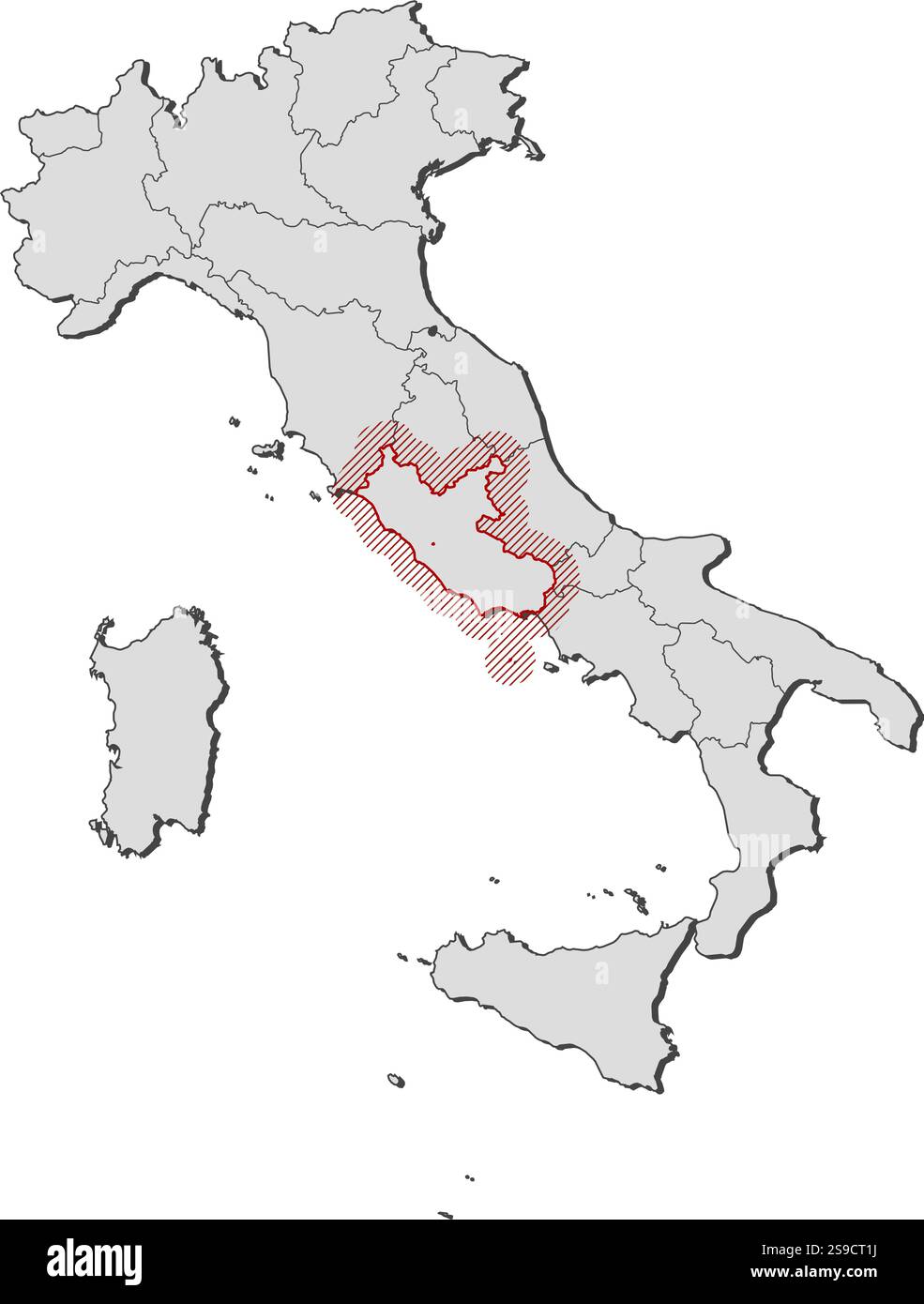 Map of Italy with the provinces, Lazio is highlighted by a hatching ...