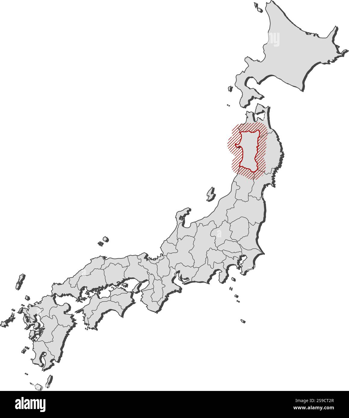 Map of Japan with the provinces, Akita is highlighted by a hatching ...