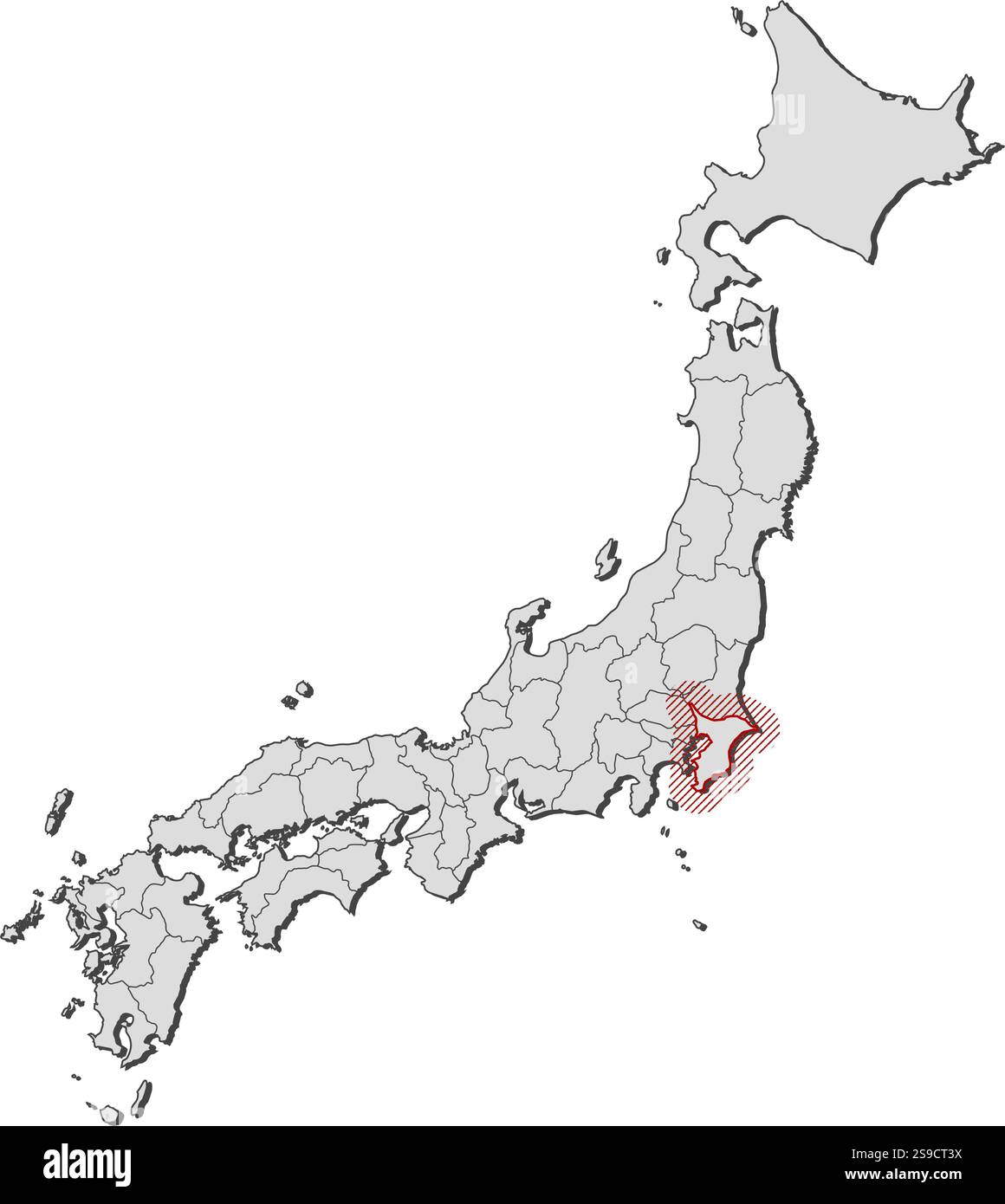 Map of Japan with the provinces, Chiba is highlighted by a hatching ...