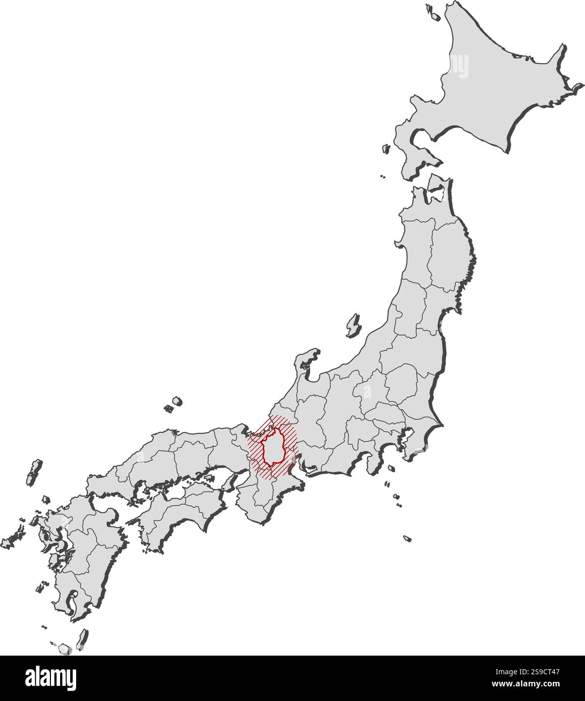 Map of Japan with the provinces, Shiga is highlighted by a hatching ...