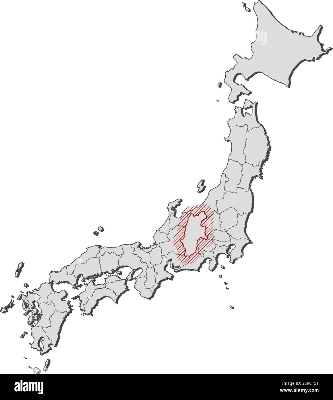 Map of Japan with the provinces, Nagano is highlighted by a hatching ...