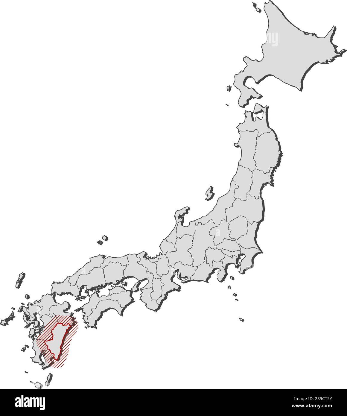 Map of Japan with the provinces, Miyazaki is highlighted by a hatching ...