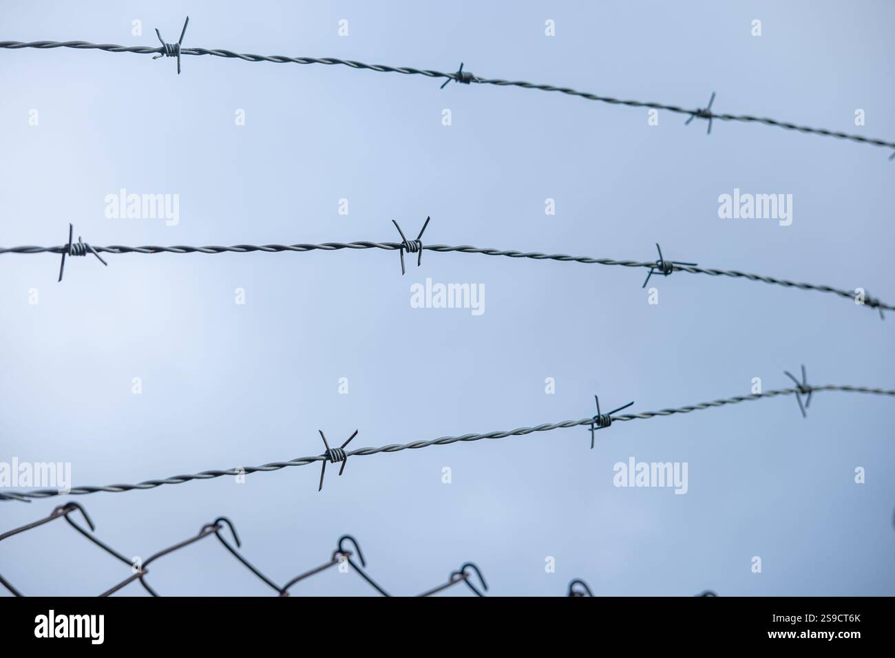 wire fence with barbed wire at the top, mesh perimeter fence Stock ...