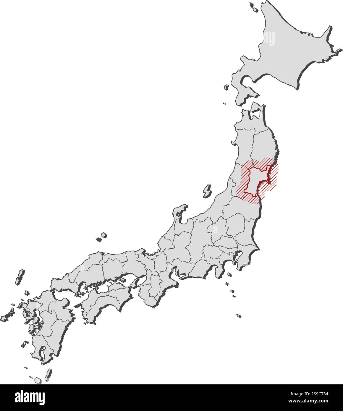 Map of Japan with the provinces, Miyagi is highlighted by a hatching ...