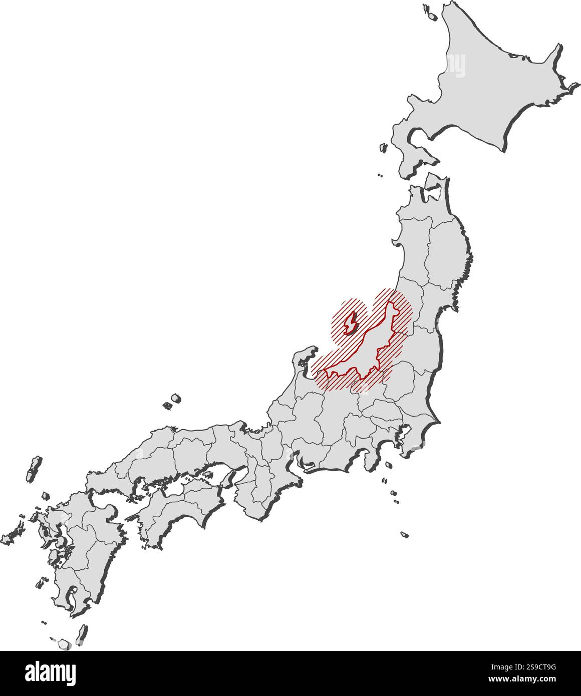 Map of Japan with the provinces, Niigata is highlighted by a hatching ...