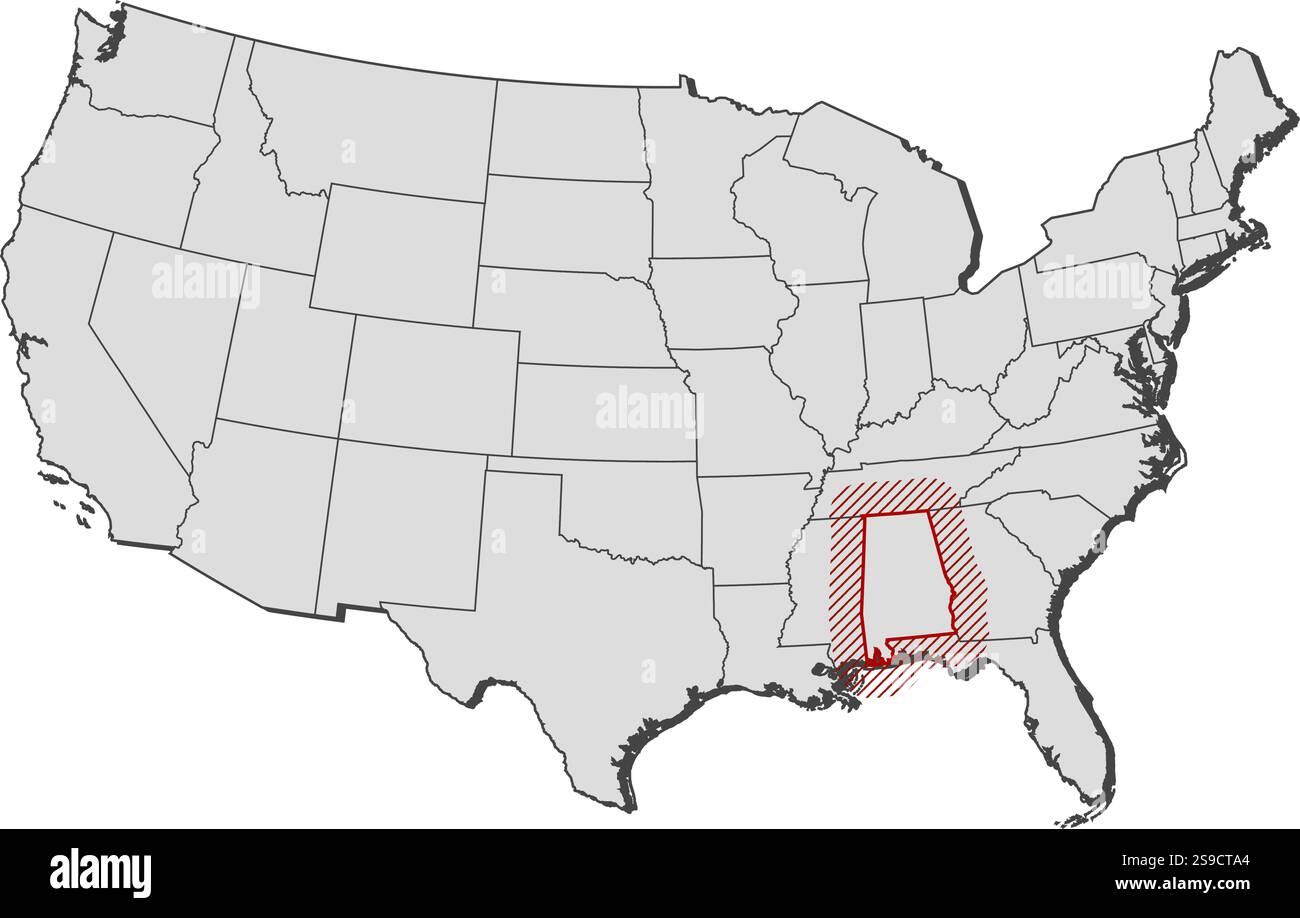 Map of United States with the provinces, Alabama is highlighted by a ...