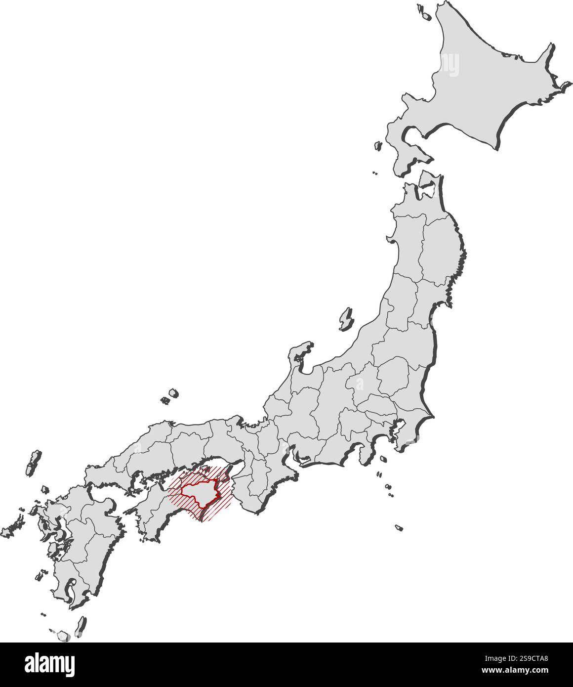Map of Japan with the provinces, Tokushima is highlighted by a hatching ...