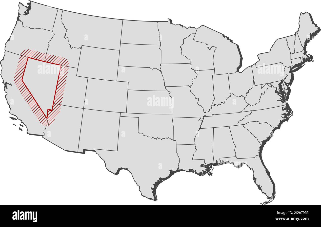 Map of United States with the provinces, Nevada is highlighted by a ...