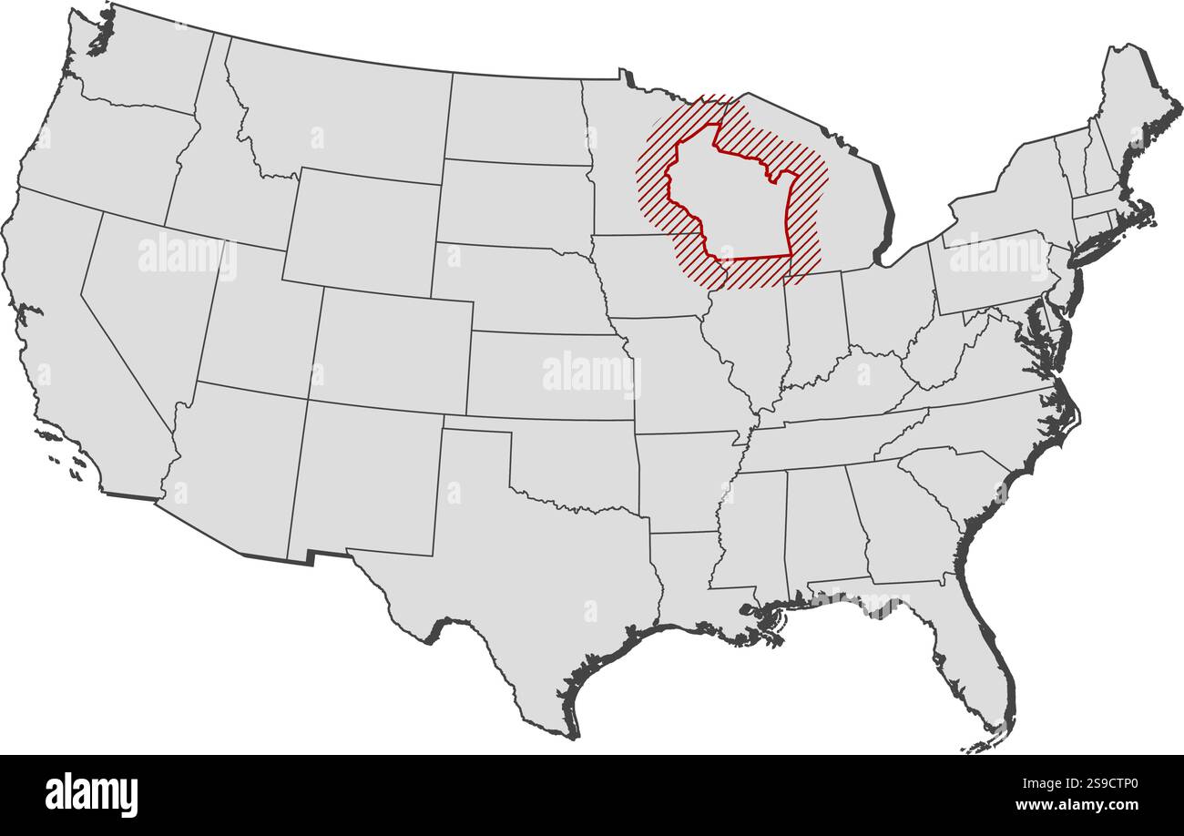 Map of United States with the provinces, Wisconsin is highlighted by a ...