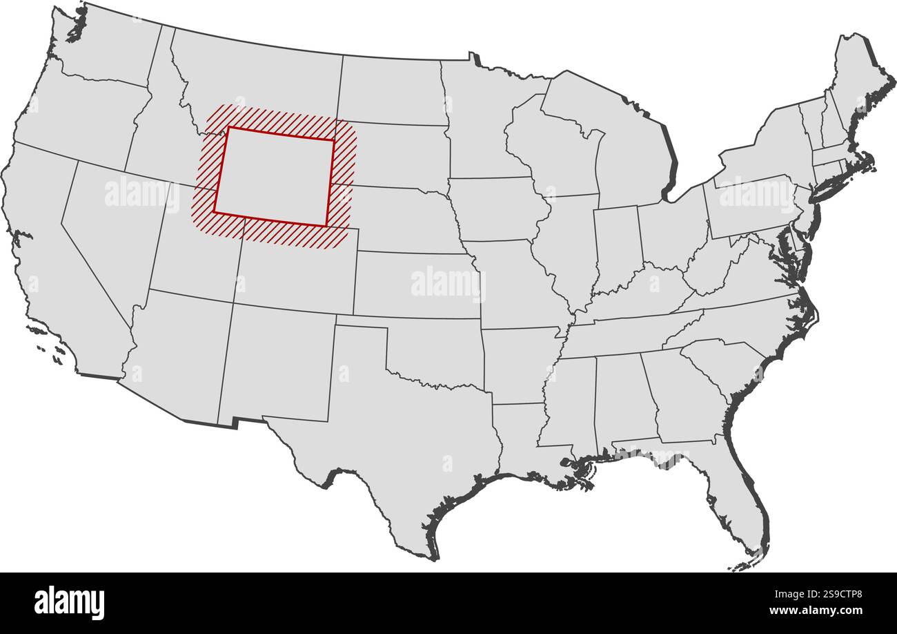 Map of United States with the provinces, Wyoming is highlighted by a ...