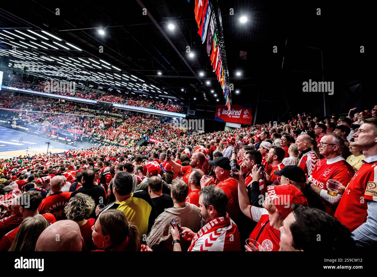 Herning, Denmark. 25th, January 2025. Danish handball fans seen on the ...