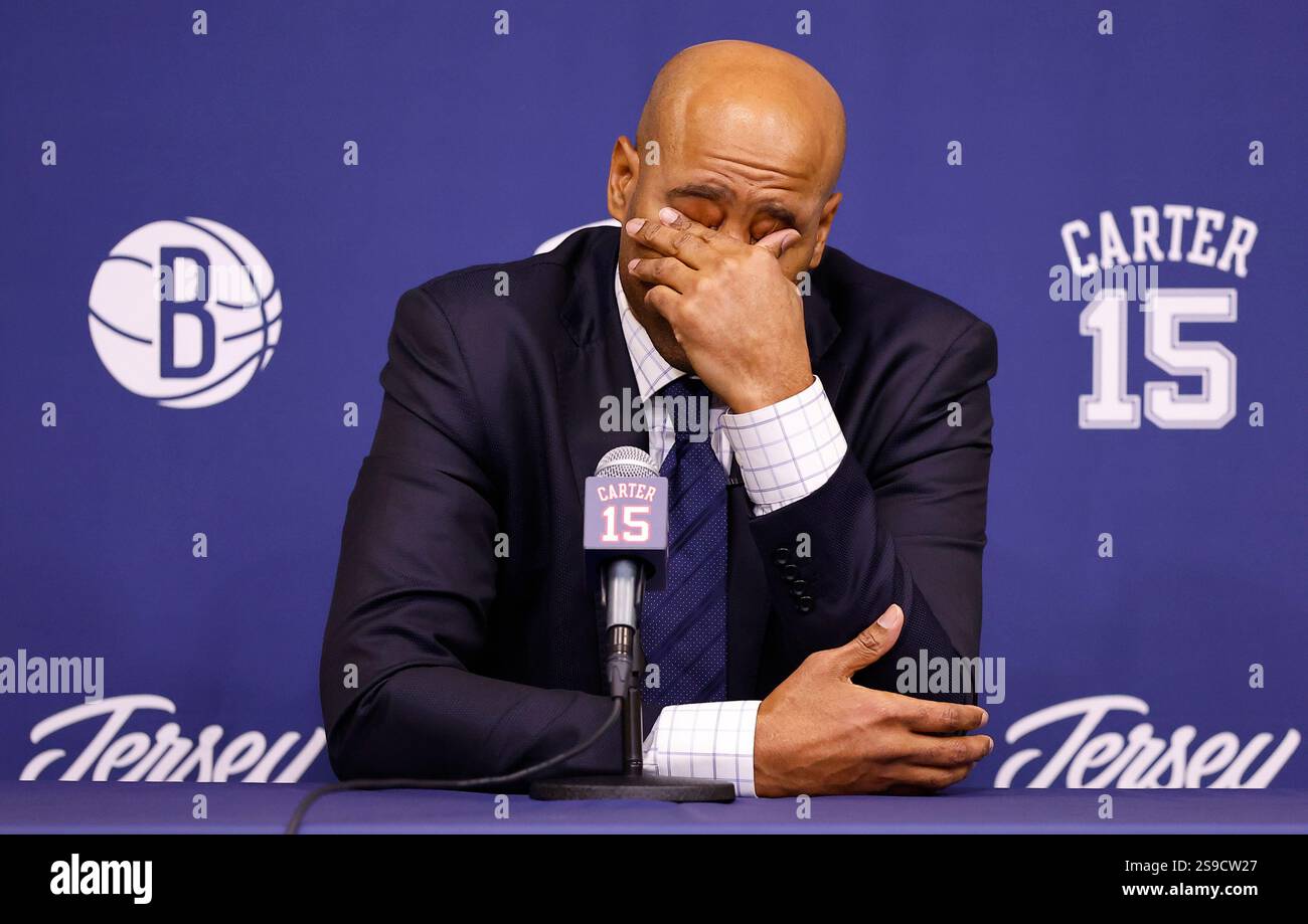 Vince Carter reacts during a pregame NBA basketball press conference ...