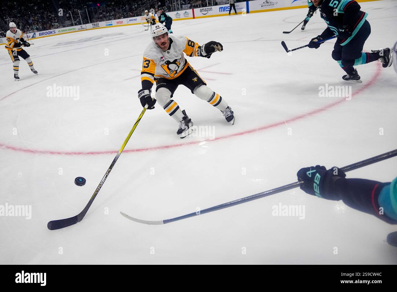 Pittsburgh Penguins left wing Matt Nieto reaches for the puck against ...