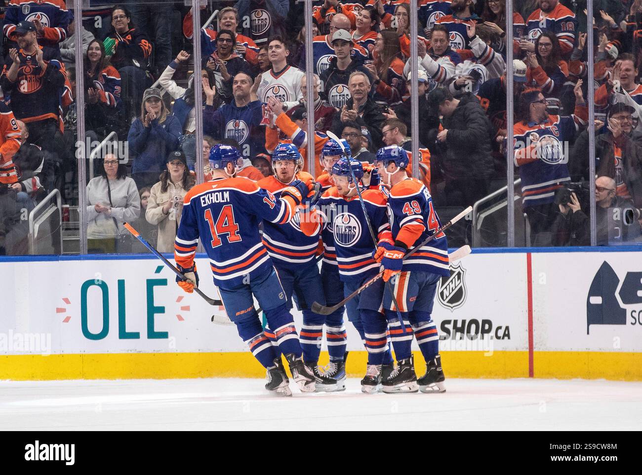 Edmonton Oilers celebrate a goal against the Buffalo Sabres during the ...