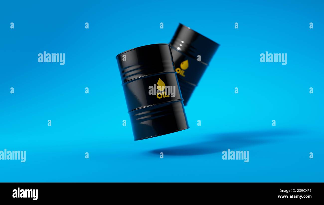 Two floating black metal oil barrels on blue background. Front view ...