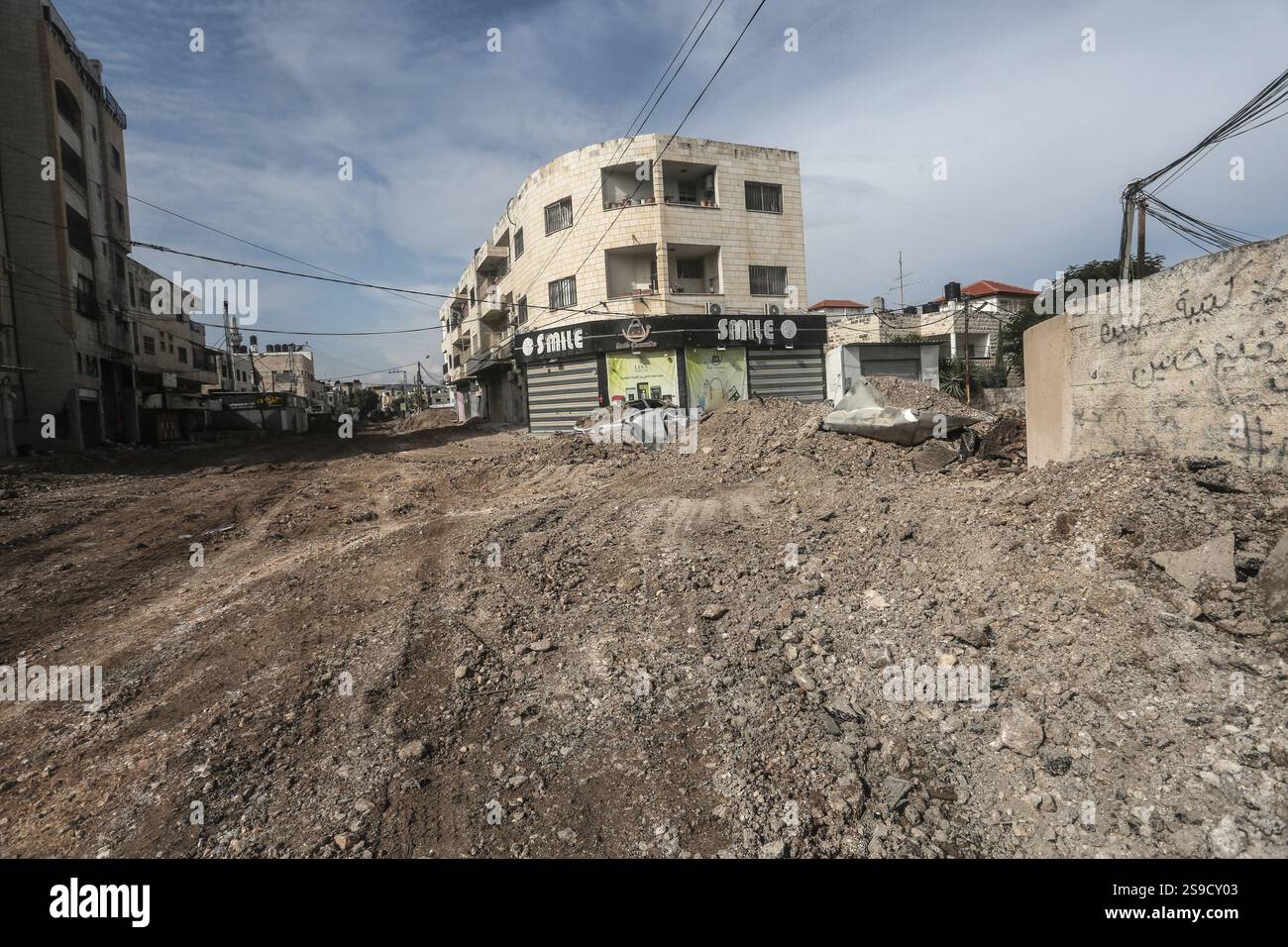 A general view of a destroyed road during an Israeli military operation ...