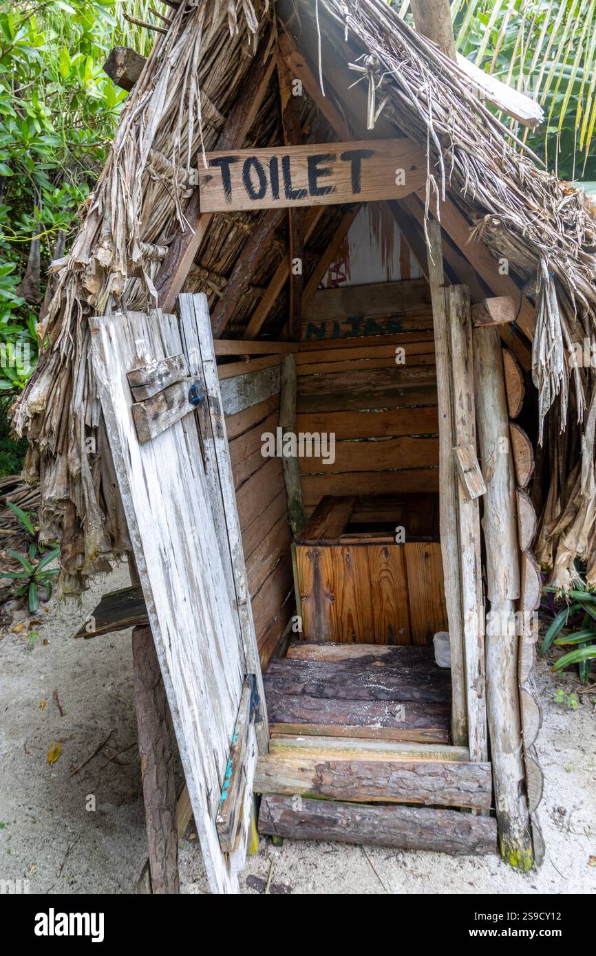 Rustic outdoor toilet with thatched roof in the lush, tropical ...