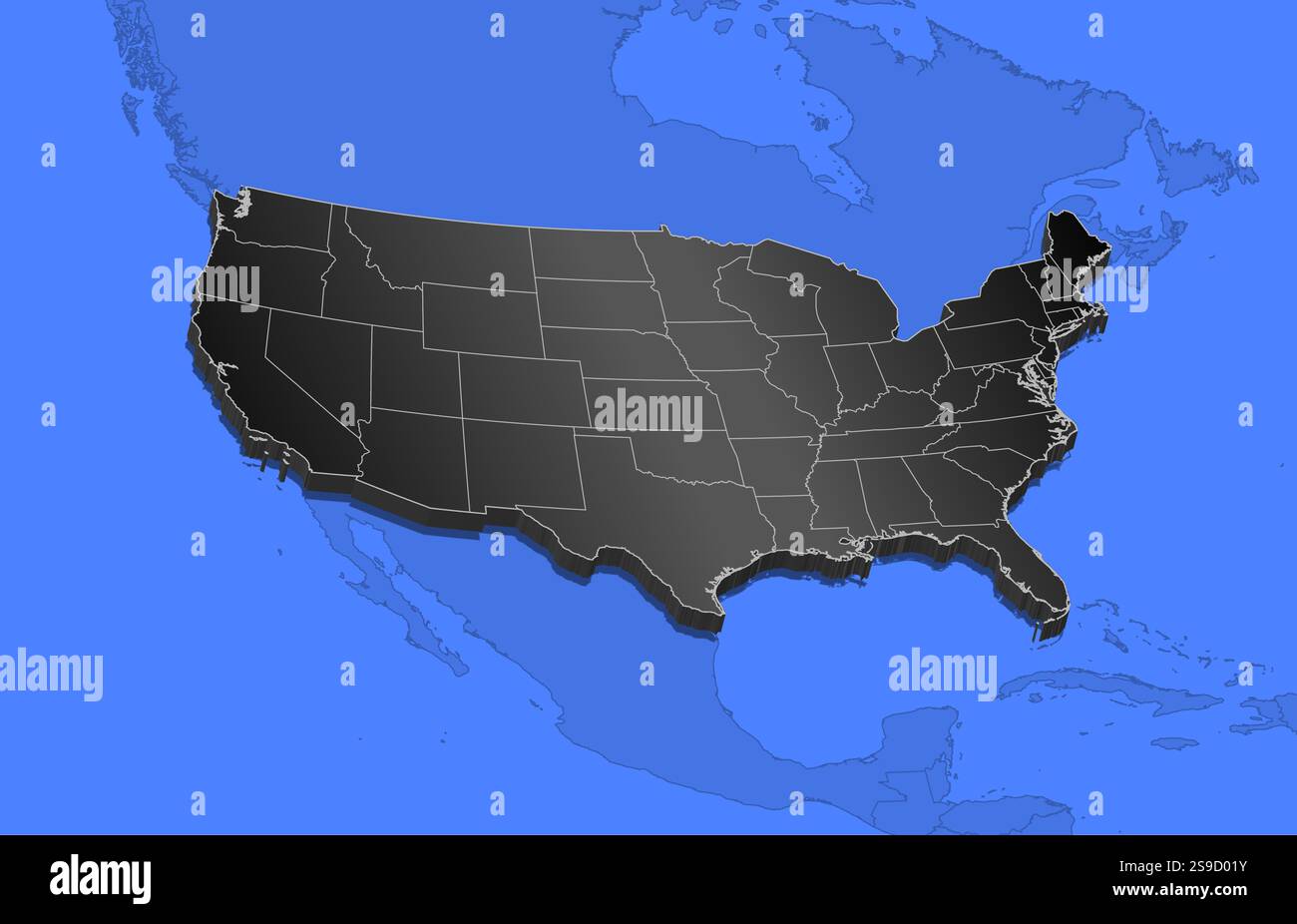 Map of United States and nearby countries, United States as a black ...