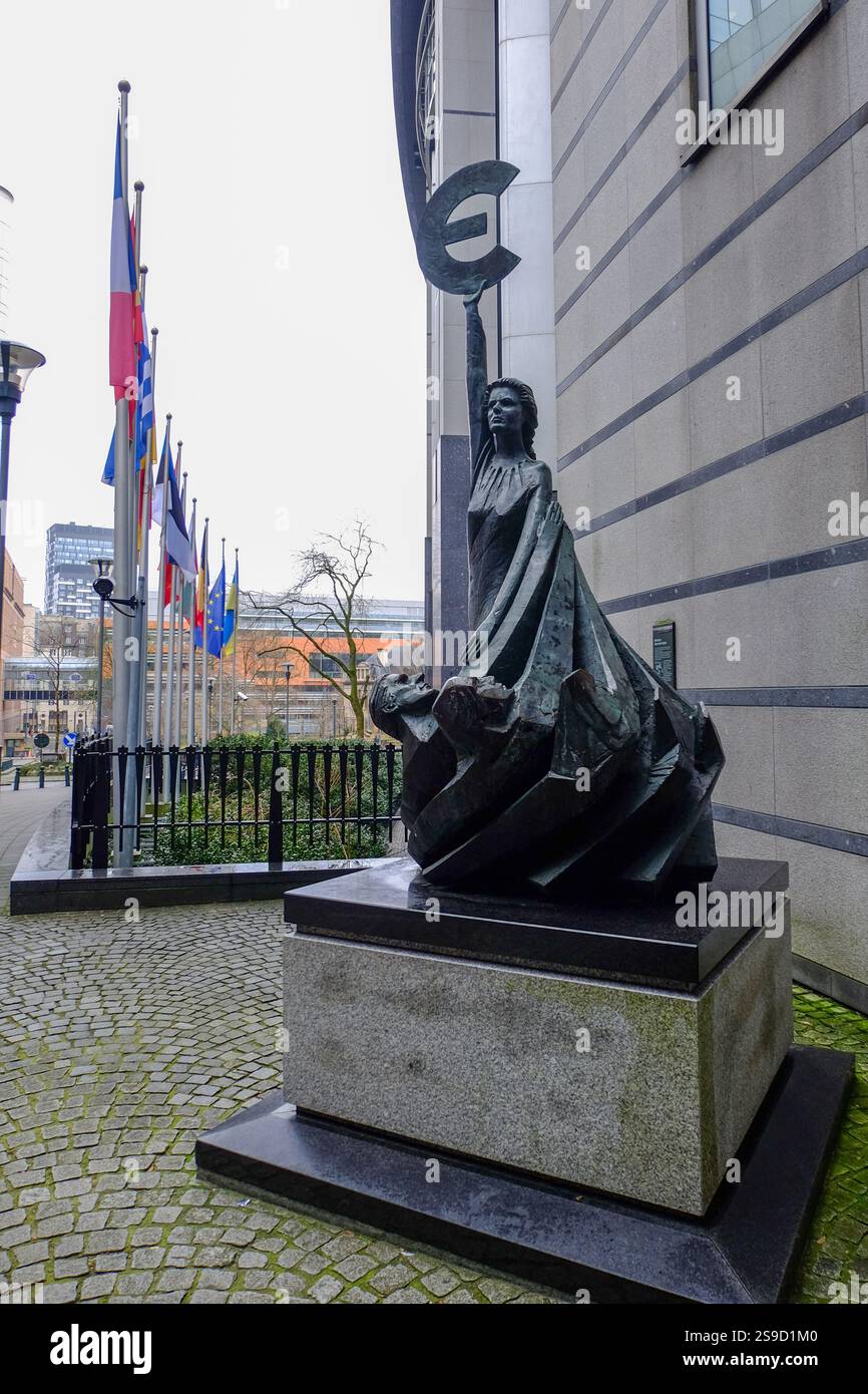 Statue of the goddess Europa with Euro currency symbol in front of the ...