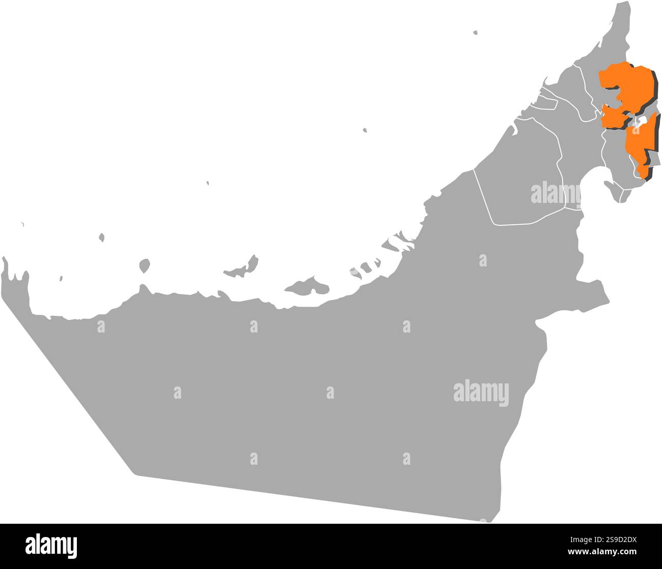 Map of United Arab Emirates with the provinces, Fujairah is highlighted ...