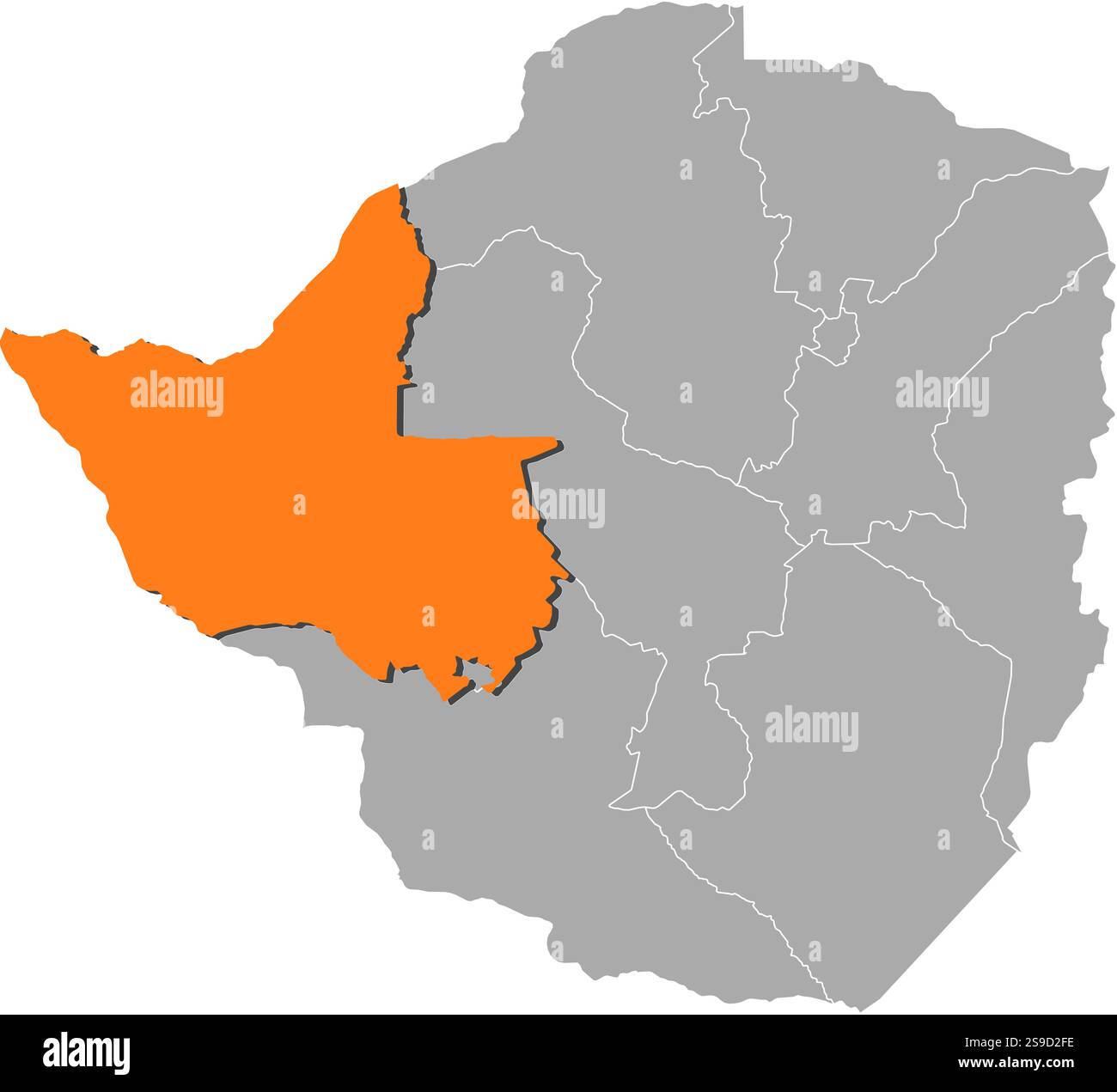 Map of Zimbabwe with the provinces, Matabeleland North is highlighted ...