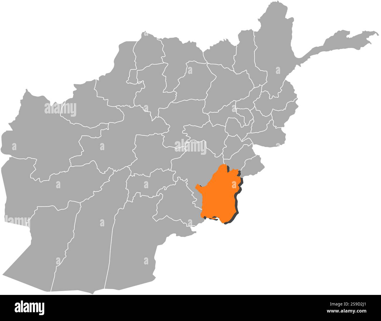 Map of Afghanistan with the provinces, Paktika is highlighted by orange ...